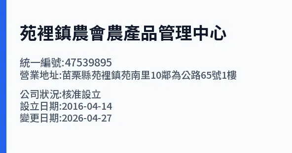 苑裡鎮農會農產品管理中心的照片-統編 47539895(苗栗縣) 公司登記資料與營業項目詳細圖表