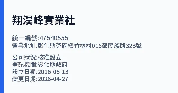 翔淏峰實業社的照片-統編 47540555(彰化縣) 公司登記資料與營業項目詳細圖表