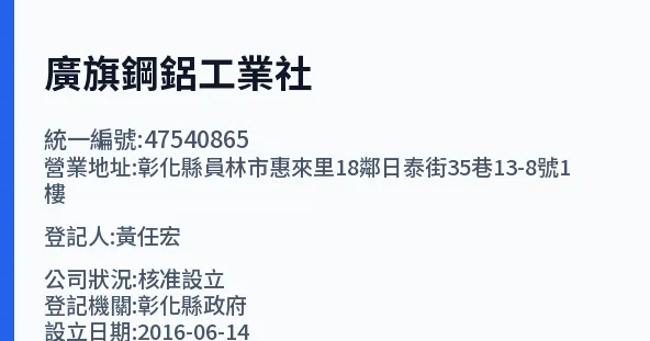 廣旗鋼鋁工業社的照片-統編 47540865(彰化縣) 公司登記資料與營業項目詳細圖表