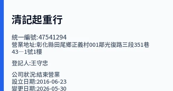 清記起重行的照片-統編 47541294(彰化縣) 公司登記資料與營業項目詳細圖表