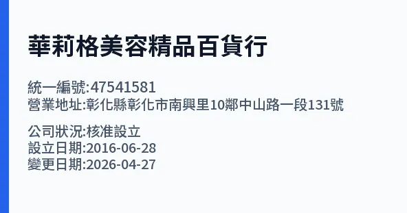 華莉格美容精品百貨行的照片-統編 47541581(彰化縣) 公司登記資料與營業項目詳細圖表