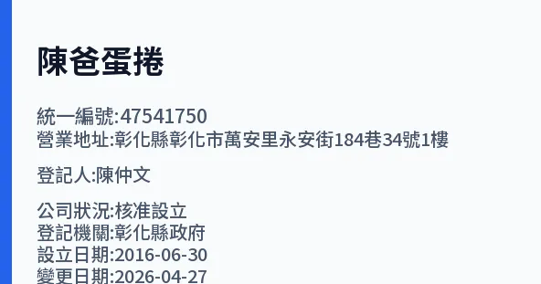 陳爸蛋捲的照片-統編 47541750(彰化縣) 公司登記資料與營業項目詳細圖表