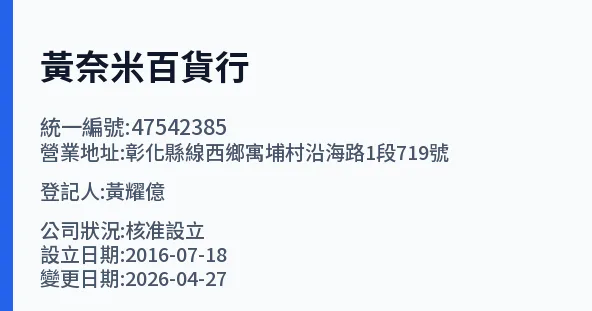 黃奈米百貨行的照片-統編 47542385(彰化縣) 公司登記資料與營業項目詳細圖表