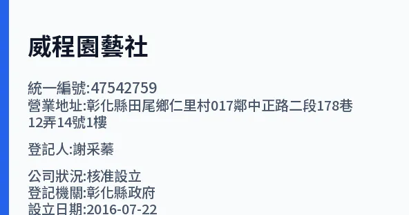 威程園藝社的照片-統編 47542759(彰化縣) 公司登記資料與營業項目詳細圖表