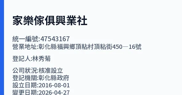 家樂傢俱興業社的照片-統編 47543167(彰化縣) 公司登記資料與營業項目詳細圖表