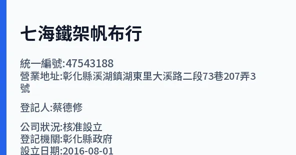 七海鐵架帆布行的照片-統編 47543188(彰化縣) 公司登記資料與營業項目詳細圖表