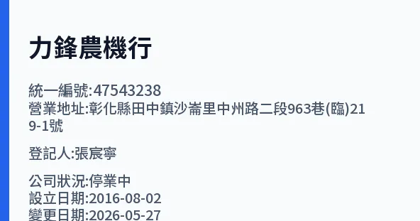力鋒農機行的照片-統編 47543238(彰化縣) 公司登記資料與營業項目詳細圖表