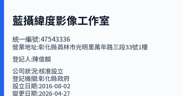 藍攝緯度影像工作室的照片-統編 47543336(彰化縣) 公司登記資料與營業項目詳細圖表
