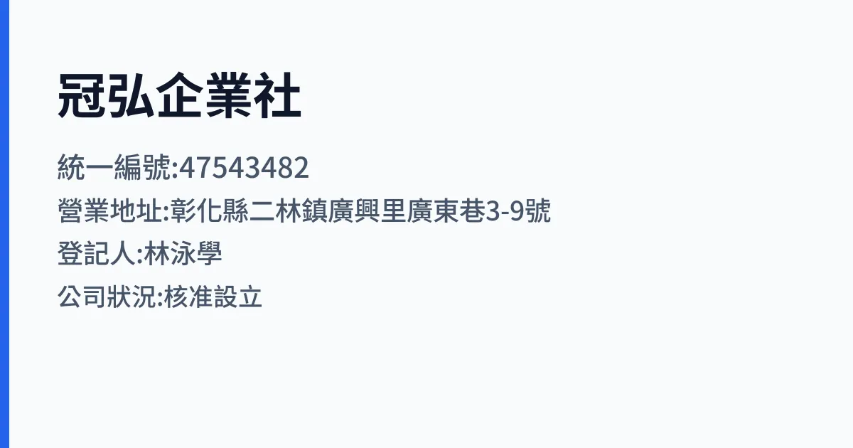 冠弘企業社 - 統編 47543482(彰化縣) 公司登記資料與營業項目詳細圖表