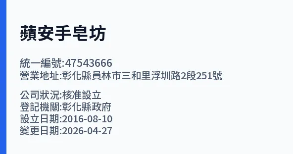 蘋安手皂坊的照片-統編 47543666(彰化縣) 公司登記資料與營業項目詳細圖表