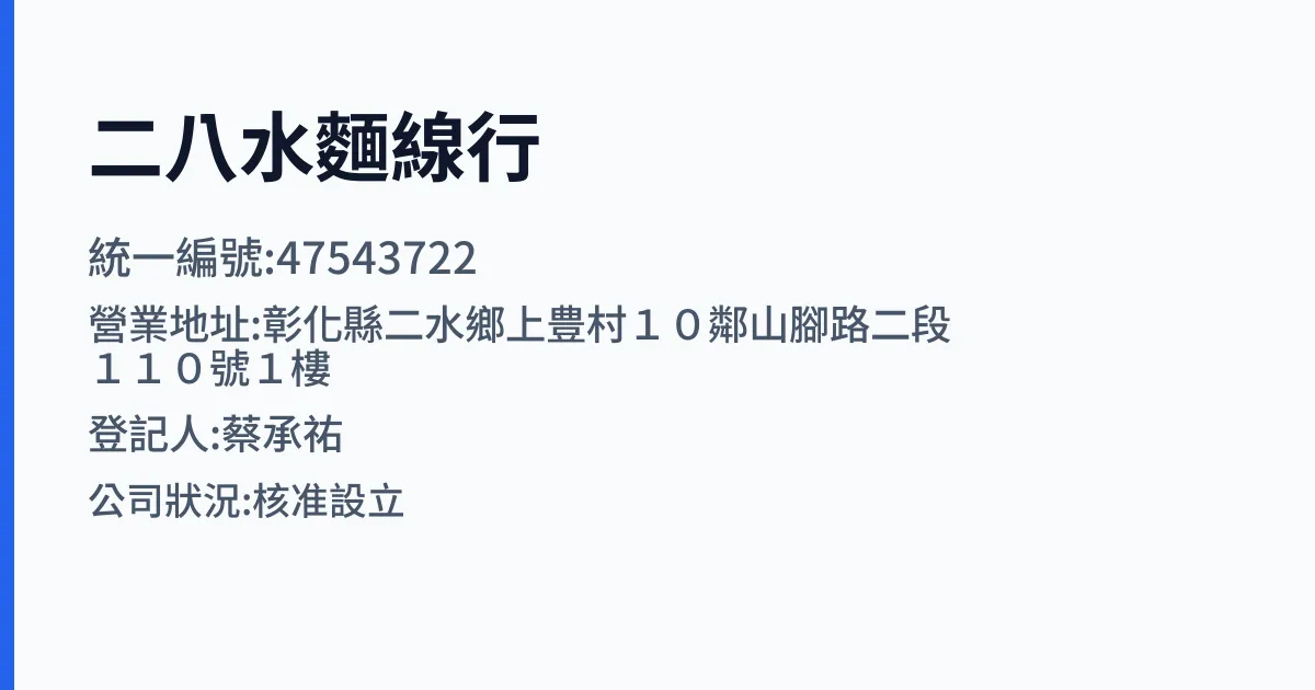 二八水麵線行 - 統編 47543722(彰化縣) 公司登記資料與營業項目詳細圖表