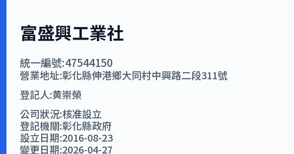 富盛興工業社的照片-統編 47544150(彰化縣) 公司登記資料與營業項目詳細圖表