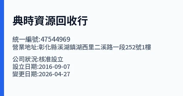 典時資源回收行的照片-統編 47544969(彰化縣) 公司登記資料與營業項目詳細圖表