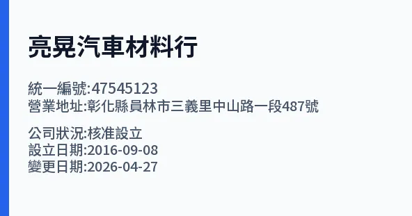 亮晃汽車材料行的照片-統編 47545123(彰化縣) 公司登記資料與營業項目詳細圖表