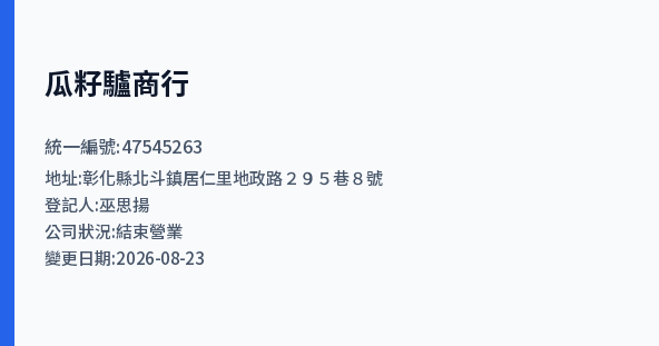 瓜籽驢商行的照片-統編 47545263(彰化縣) 公司登記資料與營業項目詳細圖表