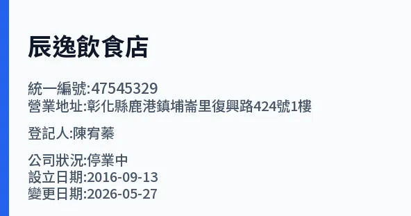 辰逸飲食店的照片-統編 47545329(彰化縣) 公司登記資料與營業項目詳細圖表