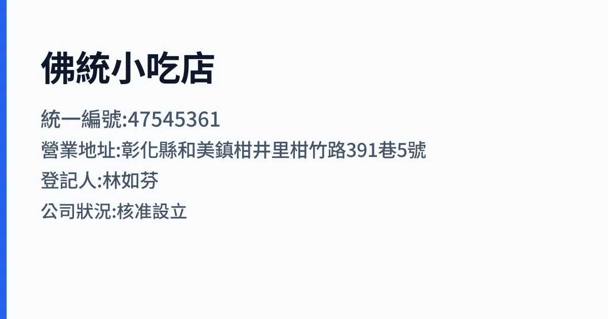 佛統小吃店 - 統編 47545361(彰化縣) 公司登記資料與營業項目詳細圖表