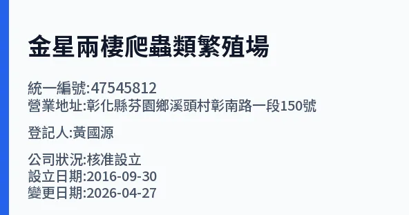 金星兩棲爬蟲類繁殖場的照片-統編 47545812(彰化縣) 公司登記資料與營業項目詳細圖表