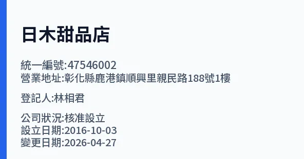 日木甜品店的照片-統編 47546002(彰化縣) 公司登記資料與營業項目詳細圖表