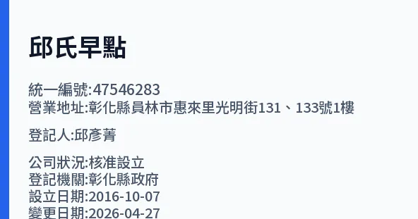 邱氏早點的照片-統編 47546283(彰化縣) 公司登記資料與營業項目詳細圖表