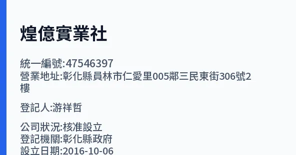 煌億實業社的照片-統編 47546397(彰化縣) 公司登記資料與營業項目詳細圖表