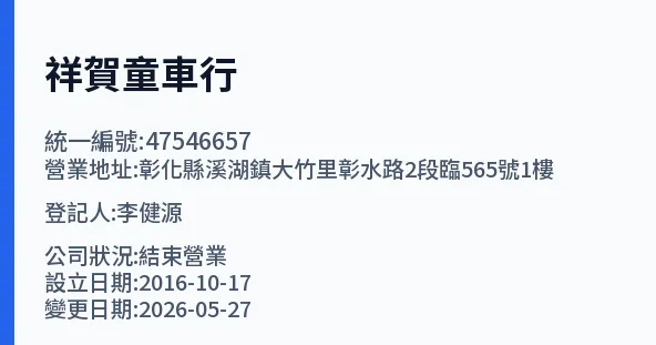 祥賀童車行的照片-統編 47546657(彰化縣) 公司登記資料與營業項目詳細圖表