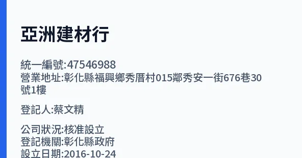 亞洲建材行的照片-統編 47546988(彰化縣) 公司登記資料與營業項目詳細圖表