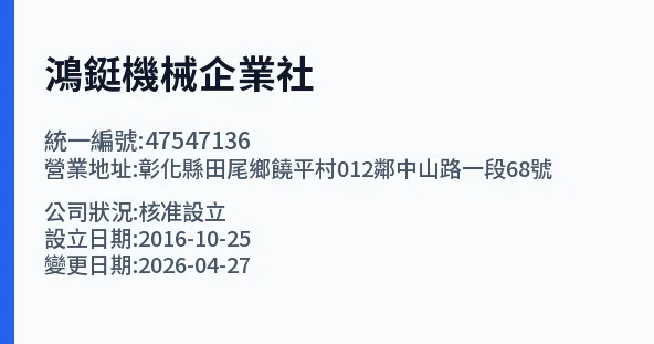 鴻鋌機械企業社的照片-統編 47547136(彰化縣) 公司登記資料與營業項目詳細圖表