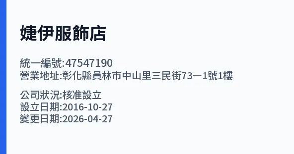 婕伊服飾店的照片-統編 47547190(彰化縣) 公司登記資料與營業項目詳細圖表