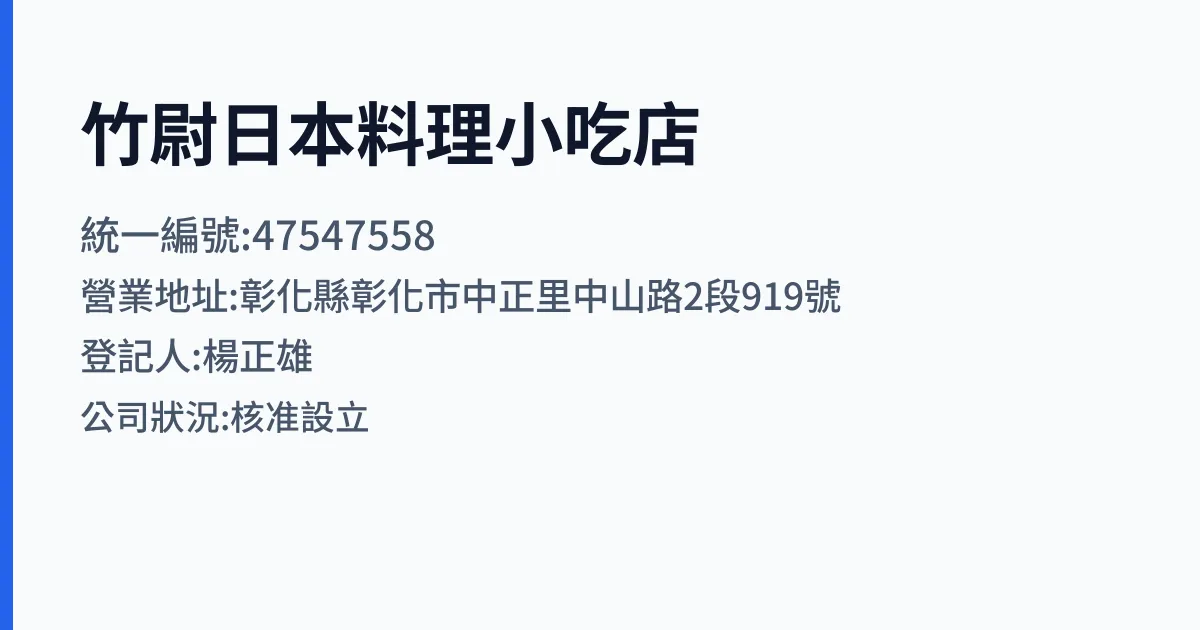 竹尉日本料理小吃店 - 統編 47547558(彰化縣) 公司登記資料與營業項目詳細圖表