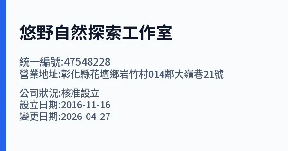 悠野自然探索工作室的照片-統編 47548228(彰化縣) 公司登記資料與營業項目詳細圖表