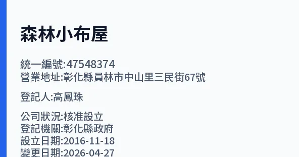 森林小布屋的照片-統編 47548374(彰化縣) 公司登記資料與營業項目詳細圖表