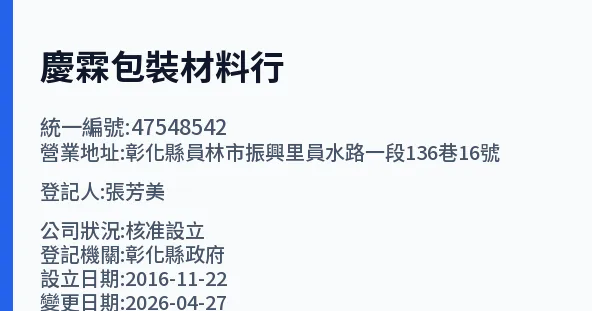 慶霖包裝材料行的照片-統編 47548542(彰化縣) 公司登記資料與營業項目詳細圖表