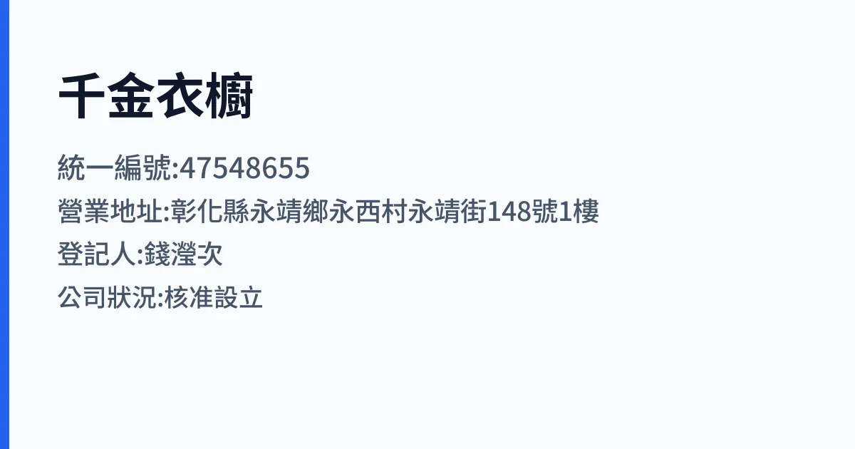千金衣櫥 - 統編 47548655(彰化縣) 公司登記資料與營業項目詳細圖表