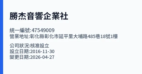 勝杰音響企業社的照片-統編 47549009(彰化縣) 公司登記資料與營業項目詳細圖表