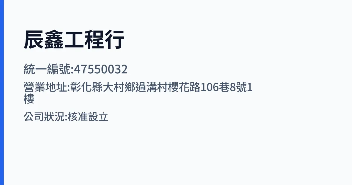 辰鑫工程行 - 統編 47550032(彰化縣) 公司登記資料與營業項目詳細圖表
