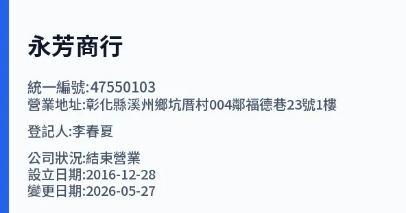 永芳商行的照片-統編 47550103(彰化縣) 公司登記資料與營業項目詳細圖表