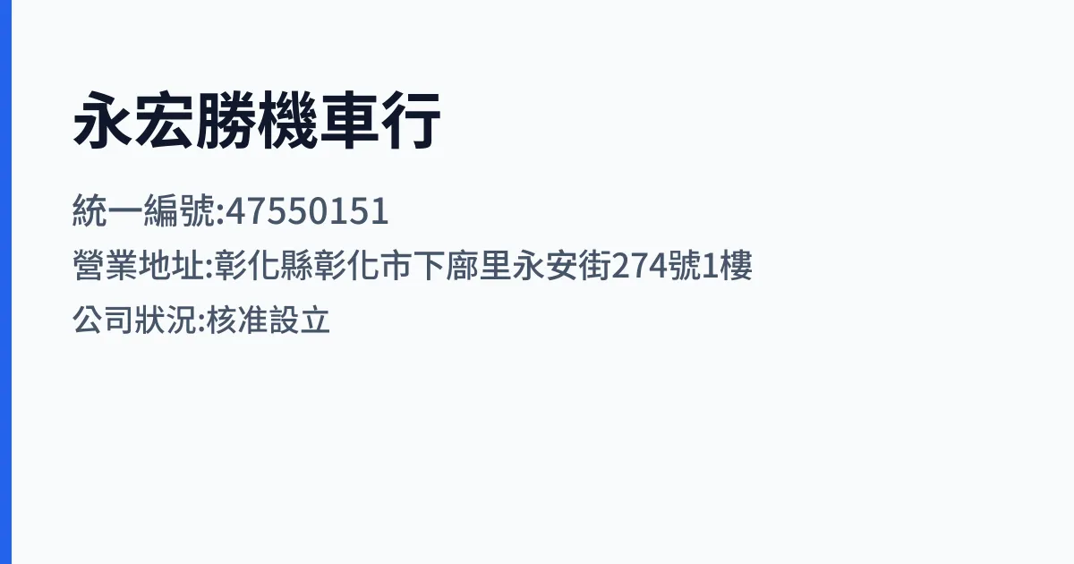 永宏勝機車行 - 統編 47550151(彰化縣) 公司登記資料與營業項目詳細圖表