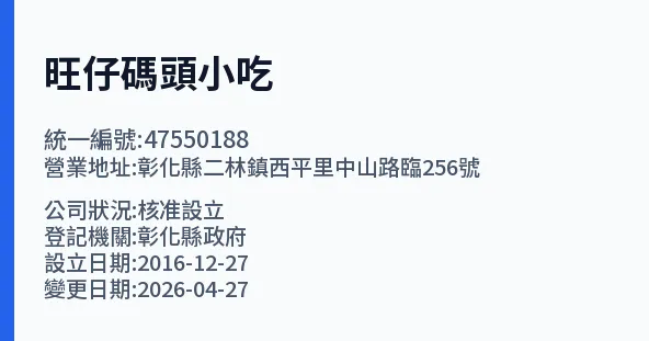 旺仔碼頭小吃的照片-統編 47550188(彰化縣) 公司登記資料與營業項目詳細圖表
