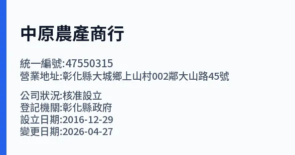 中原農產商行的照片-統編 47550315(彰化縣) 公司登記資料與營業項目詳細圖表