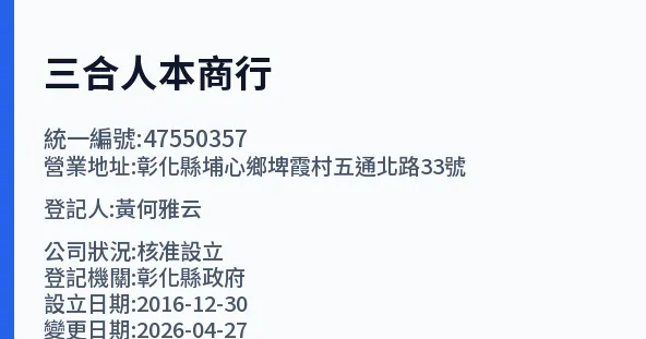 三合人本商行的照片-統編 47550357(彰化縣) 公司登記資料與營業項目詳細圖表