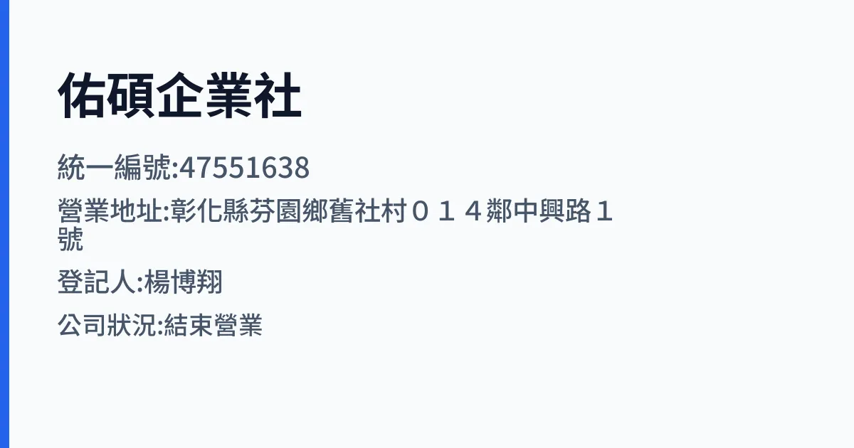 佑碩企業社 - 統編 47551638（彰化縣） 公司登記資料與營業項目詳細圖表