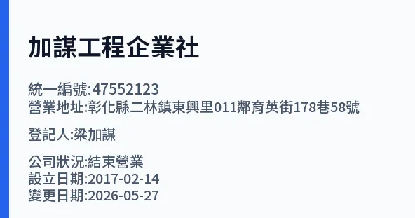 加謀工程企業社的照片-統編 47552123(彰化縣) 公司登記資料與營業項目詳細圖表