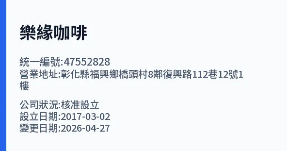 樂緣咖啡的照片-統編 47552828(彰化縣) 公司登記資料與營業項目詳細圖表
