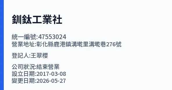 釧鈦工業社的照片-統編 47553024(彰化縣) 公司登記資料與營業項目詳細圖表