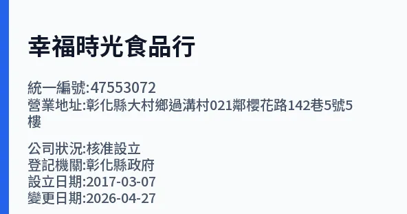 幸福時光食品行的照片-統編 47553072(彰化縣) 公司登記資料與營業項目詳細圖表