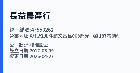 長益農產行的照片-統編 47553262(彰化縣) 公司登記資料與營業項目詳細圖表