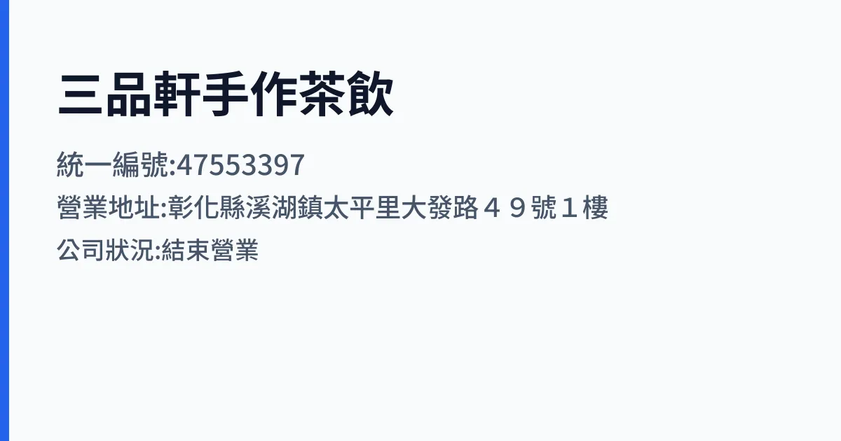 三品軒手作茶飲 - 統編 47553397(彰化縣) 公司登記資料與營業項目詳細圖表