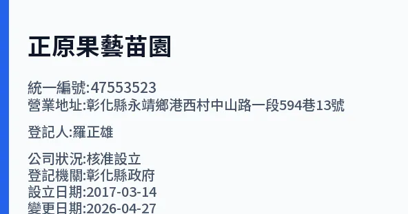 正原果藝苗園的照片-統編 47553523(彰化縣) 公司登記資料與營業項目詳細圖表