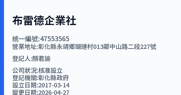 布雷德企業社的照片-統編 47553565(彰化縣) 公司登記資料與營業項目詳細圖表